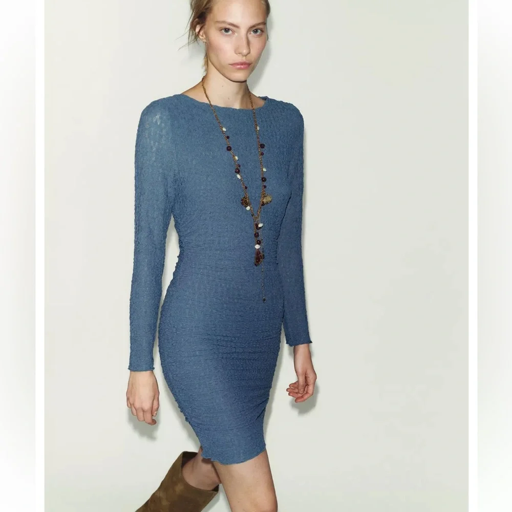 Zara | Dresses | Nwt Zara Structure Blue Steal Long Sleeve Mini Dress ...